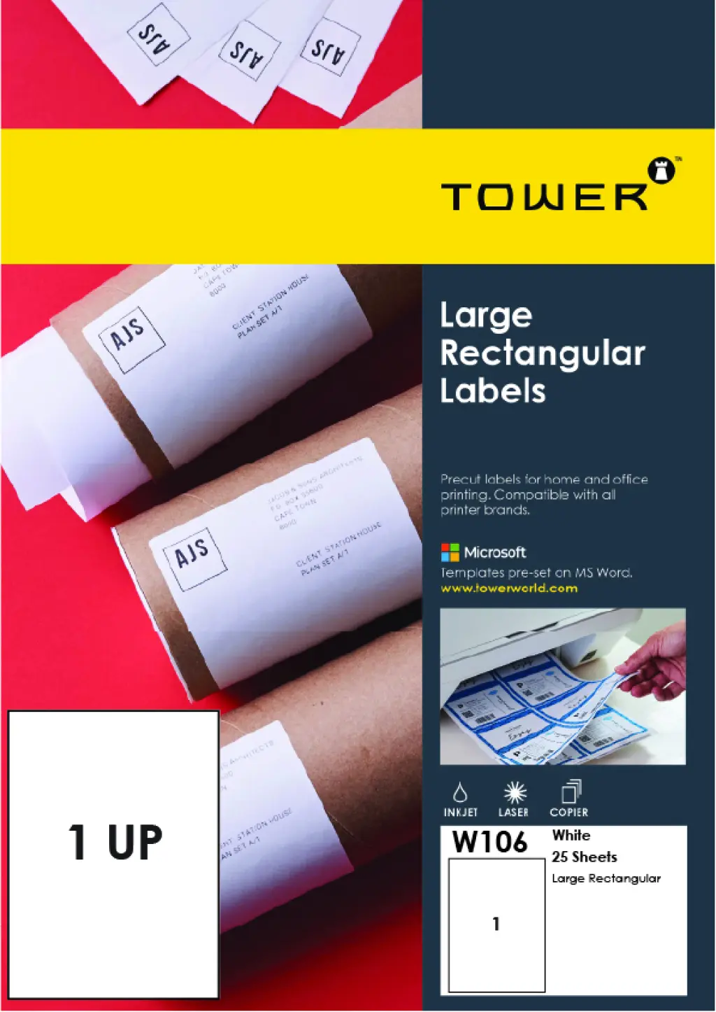 TOWER Labels Laser A4 1Up 210mm x 298mm White CILW106/25S Pack 25 | Waltons
